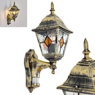 HOFSTEIN Außenwandleuchte Naofe, Außenwandlampe mit Bewegungsmelder aus Metall/Glas in Schwarz/Gold/Klar/Orange, Wandleuchte außen Vintage/Antik/Landhaus, E27,