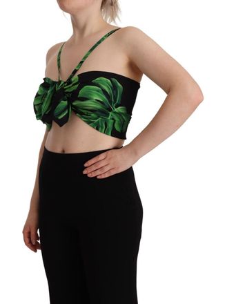 Dolce & Gabbana Womens Black Green Leaf Silk Halter Cropped Top And Elastane