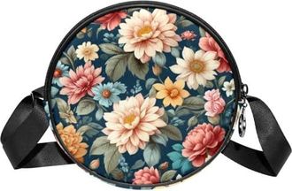 Generic Petit sac &agrave; bandouli&egrave;re circulaire pour femme, motif feuilles florales, sac &agrave; dos avec fermeture &eacute;clair, bretelles r&eacute;glables, sac &agrave; main rond d&eacute;contra