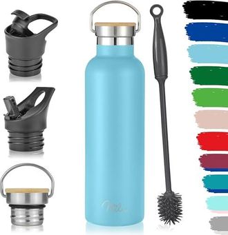 Milu Bouteille en acier inoxydable 350ml, 500ml, 750ml, 1l (+3 couvercles) - Bouteille thermo avec paille, bouteille deau, pour boissons chaudes, froides e