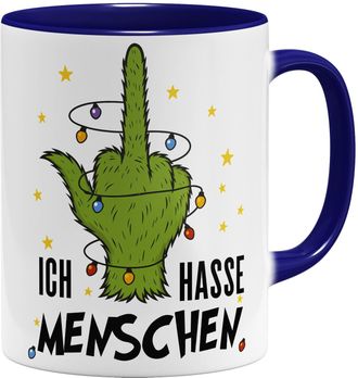 OM3 lustige Anti Weihnachten Kaffee-Tasse mit Spruch - Ich hasse Menschen - Keramik Becher - 325ml - Beidseitig Bedruckt - Dunkelblau