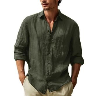 Generic Chemise &agrave; manches longues pour homme - Chemise de loisirs &agrave; manches longues en lin m&eacute;lang&eacute; avec boutonni&egrave;re - Col classique - Design d&eacute;contract&eacute; pour 