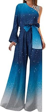 Generic Robes boh&egrave;me 2026 pour femmes, combinaisons d&eacute;contract&eacute;es &agrave; manches longues asym&eacute;trique, combinaison brillante &agrave; jambes larges, bleu, XL