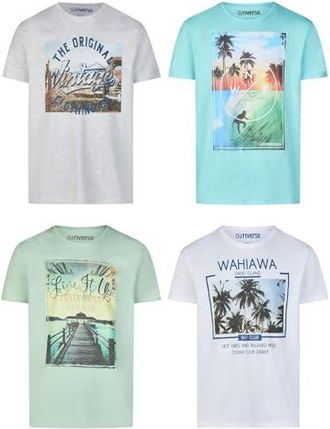 Riverso RIVLukas Lot de 4 t-shirts &agrave; col rond pour homme - Coupe droite - Manches courtes - Imprim&eacute; sport - Coton - Bleu, vert, blanc, gris, jaune, turquoise,
