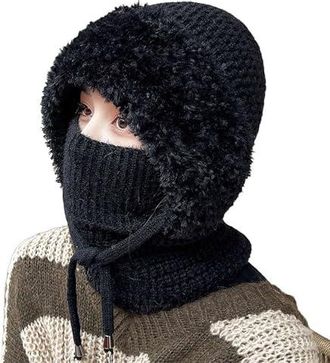 Generic Chapeau &eacute;charpe coupe-vent pour femme, bonnet 3 en 1 avec &eacute;charpe et masque, cagoule dhiver, cache-cou tricot&eacute; chaud pour le cyclisme, Noir, Taille un