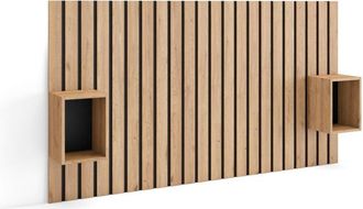 Skraut Home Kopfteil, Nachttischen - Lamellenwand Holz - 196x3x107 cm - 120,135,140 cm Bett - Stauraum - Moderner Stil - Eiche - Skraut Home