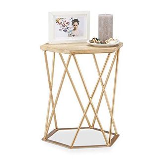 Relaxdays Beistelltisch Hocker, 6-eckiger Dekotisch mit Metallgestell in Gold, Sitzhocker 2in1, HxBxT 45x40x35 cm, natur