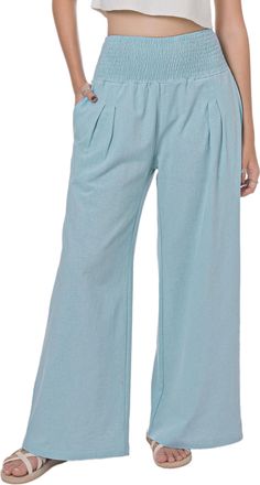 Lofbaz Damen Sommer Fließend Baumwolle Leinen Palazzo Weite Hosen Strand Hohe Taille Hose Boho Lange Loungehose mit Taschen Himmelblau 2XL