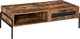 HOMCOM Table Basse Rectangulaire Style Industriel Niche Tiroir Coulissant Métal Aggloméré Noir Aspect Grain de Bois Antique