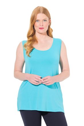 Ulla Popken Damen gro&szlig;e Gr&ouml;&szlig;en &Uuml;bergr&ouml;&szlig;en Plus Size Top, Stretch, Seitenschlitze, Cr&ecirc;pe-Qualit&auml;t, Selection tiefes Aqua 58+ 666765730-58+