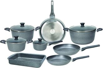 Tognana Phaetra Style Topf- und Pfannen-Set, 3 Pfannen, 4 Töpfe, 4 transparente Deckel, 1 Lasagneform, 12-teilig, Aluminium, Grau