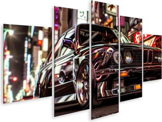 Islandburner Bild auf Leinwand Klassischer BMW in nächtlicher Stadt Japan für Wohnzimmer Autofans Autoshowroom Bilder Wandbilder Poster