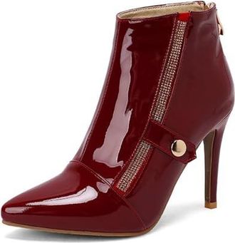 Generic Bottines &agrave; talon aiguille pour femme avec fermeture &eacute;clair lat&eacute;rale et strass, rouge vin, 40.5 EU