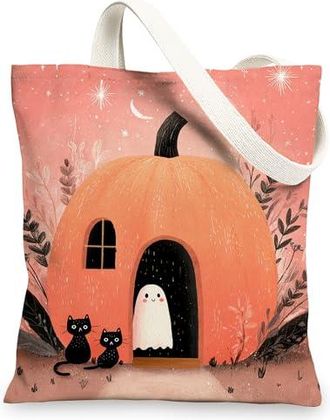 Generic Sacs fourre-tout en toile motif citrouille mignonne, sacs dépicerie réutilisables, légers et lavables avec bandoulière pour salle de sport, voyage, pl