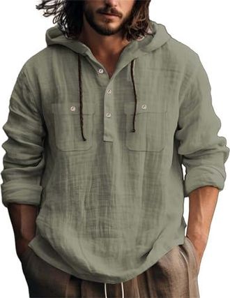 Generic KonJim Sweat à capuche Henley décontracté à manches longues en coton et lin pour homme - Léger et respirant - Avec poches à rabat - Style hippie, yoga