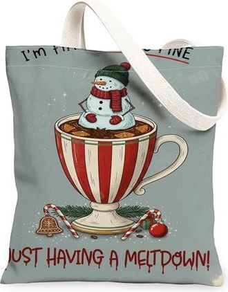 Generic Sac fourre-tout en toile motif bonhomme de neige festif, r&eacute;utilisable, l&eacute;ger et lavable, motif cacao chaud, gris, 13x15 Inch