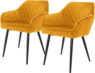 ML Design ML-Design 2er Set Esszimmerstühle mit Armlehne und Rückenlehne, Senfgelb, Küchenstuhl mit Samtbezug, Polsterstuhl mit Metallbeinen, Ergonomischer Stuh