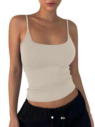 Onsoyours Spaghetti Top Damen Sommer Tank Top &Auml;rmellose Oberteile Sexy Slim Fit Cami Crop Top Einfarbig Basic Shirts A Beige M