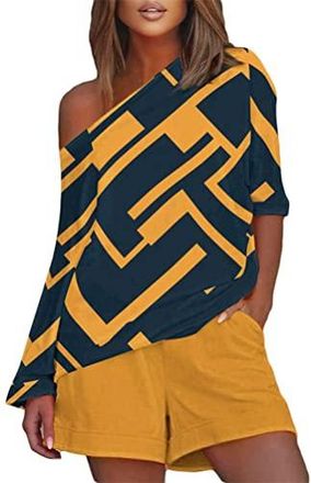 Onsoyours Survêtement de Sport pour Femme 2 Pièces Combinaison de Sport Printemps Eté Costume Décontracté Epaule Inclinée Haut à Manches Longues + Short Ensembl