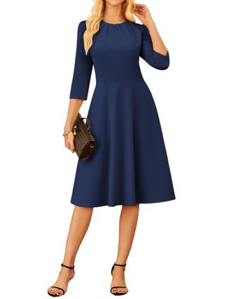 Grace Karin Damen 3/4 &Auml;rmel Lang Kleid Herbst Winter Rundhals Tunkia Freizeitkleider S Marineblau