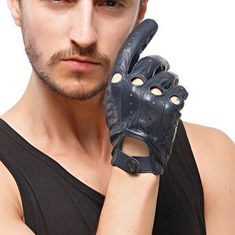 Nappaglo gants en cuir italien conduite dhommes non plein doigt moto cyclisme &agrave; gants (m (palm corpulence:17.8-19.0cm), sombre - bleu marine (&eacute;cran))