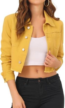 Allegra K Femmes Jean Veste Effiloch&eacute; Boutonn&eacute;e Washed Tondu Denim Veste Moutarde L