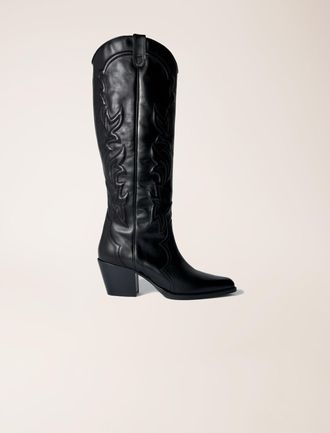 Maje Bottes Santiags En Cuir Lisse Brod&eacute; - Noir - Taille 36 - Maje