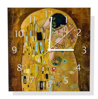 Wallario Design Wanduhr Der Kuss von Klimt aus Aluverbund, Alu-Uhr Größe 30 x 30 cm, weiße Zeiger mit Metalloptik