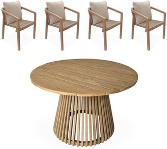 Sweeek Table &agrave; manger bois dacacia ronde. int&eacute;rieur / ext&eacute;rieur + 4 chaises en bois et corde Bois / Beige