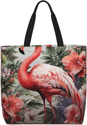 Generic Flamant Roses Et Fleurs Sac Fourre Tout R&eacute;utilisable Tote Bag Grand Sac Courses Pour Shopping Plage Quotidienne