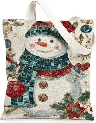 Generic Sacs fourre-tout en toile motif bonhomme de neige dhiver, sacs d&eacute;picerie r&eacute;utilisables, l&eacute;gers et lavables avec bandouli&egrave;re pour les vacances, multico