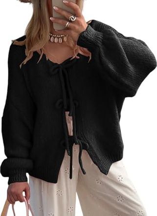 Generic Printemps et Automne Mignon Femmes Noeud Papillon Pull Surdimensionn&eacute; Pull Col V Nou&eacute; Devant Cardigan Tricot&eacute; Manches Longues, noir, Taille L