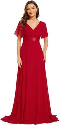 Ever-pretty Robe De Soir&eacute;e Style Long Manches Volant&eacute;es Col en V Jupe Trap&egrave;ze Robe Femme Chic Et Elegant Rouge 36