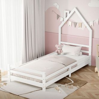 ML Design ML-Design Kinderbett Haus 90x200 cm, Wei&szlig;, Hausbett f&uuml;r Kinder, Holzbett mit Lattenrost, Schornstein Design, Jugendbett aus massivem Kiefernholz, Bett