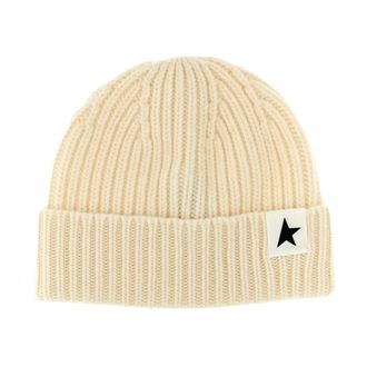Golden Goose Homme, Accessoires, Beige, Taille: ONE Size Bonnet en maille c&ocirc;tel&eacute;e avec &eacute;cusson &eacute;toile