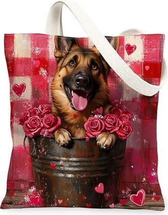 Generic Sac fourre-tout en toile motif berger allemand pour le shopping, 33 x 38,1 cm, sac &agrave; bandouli&egrave;re r&eacute;utilisable pour la Saint-Valentin, sac d&eacute;picerie po