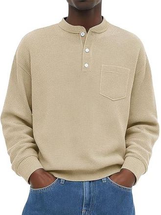 Generic Sweat-shirt pour homme de couleur unie col en V boutonn&eacute; en tricot gaufr&eacute; chemises &agrave; manches longues sweat-shirt tendance pour lhiver pour homme avec 