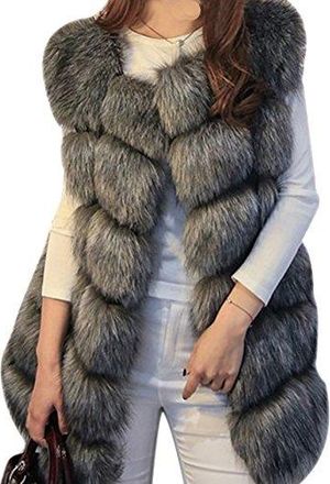 LaoZan Gilet Vest Manteau en Fausse Fourrure sans Manches pour Femmes - Gris Foncé - X Large