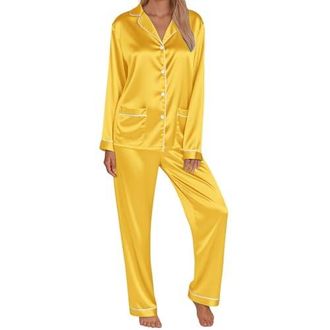 Generic Pyjama familial assorti et &agrave; manches longues pour enfants, v&ecirc;tements de nuit en satin de soie, couleur pure, deux pi&egrave;ces, tenue de vacances, jaune, L