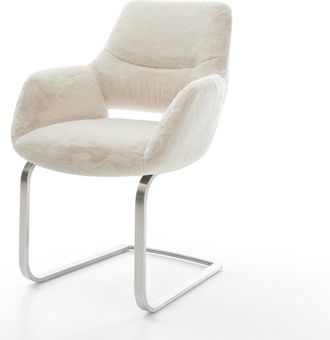 DELIFE Freischwinger Yago-Flex mit Armlehnen Pl&uuml;sch Creme-Wei&szlig; Freischwinger flach Edelstahl Taschenfederkern, Esszimmerst&uuml;hle