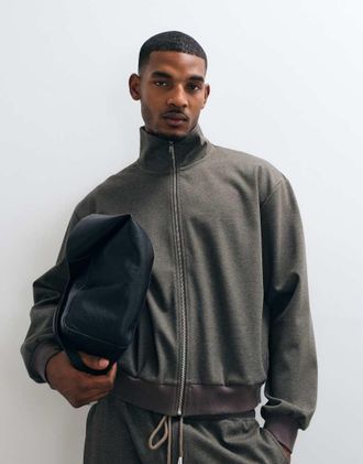Asos veste zipp&eacute;e en twill de coton &agrave; col chemin&eacute;e coupe d&eacute;contract&eacute;e grise-Noir