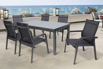 Kettler Kettler BasicPlus Esstischgarnitur, anthrazit, Alu/Textilene, Tisch 180/240x100cm, 6 Stapelsessel