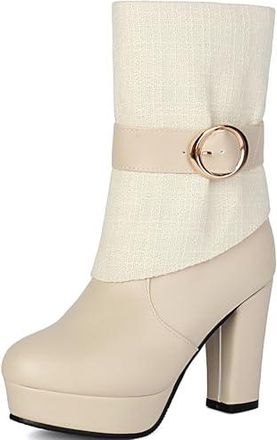 SJJH Bottes de cheville avec fermeture &eacute;clair lat&eacute;rale | Bottes pour femme pour les loisirs, talon 9,5 cm, mat&eacute;riaux m&eacute;lang&eacute;s, polyvalents, Abricot, 32 EU