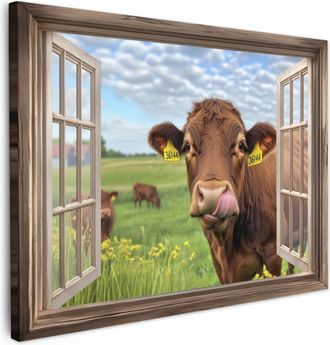 MuchoWow &copy; Leinwandbilder 80x60 cm Wall Art Decoration Bilder f&uuml;r die Wand Schlafzimmer Deko Canvas Painting Wanddekoration Wohnzimmer Fensterblick - Kuh - Wie