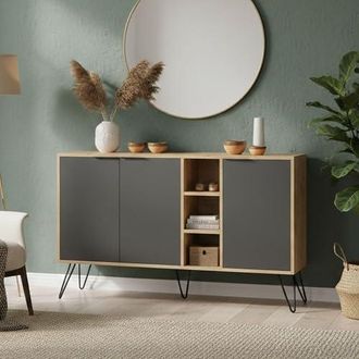 Dmora Kommode Perseus, Wohnzimmerbuffet, Wohnzimmer-Sideboard, Moderne K&uuml;chen-Speisekammer, 142x36h83 cm, Eiche und Anthrazit