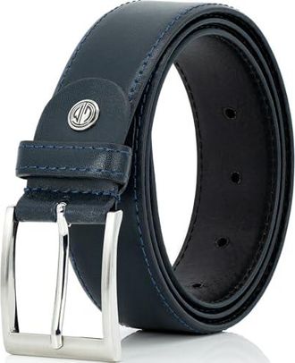 Lindenmann Mens leather belt/Mens belt, leather belt curved XL, 2 Colors, middle brown/navy, Größe/Size:145, Farbe/Color:bleu