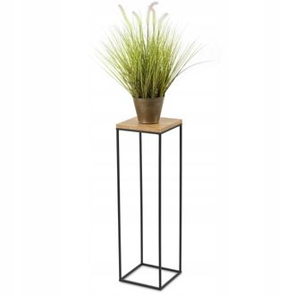 HowHomely Pflanzenst&auml;nder Metall 80 cm Hoch - Stabiler und Fester Blumenhocker im Loft Stil - Blumenst&auml;nder mit Eiche Optik MDF-Platte f&uuml;r die Innendekoration