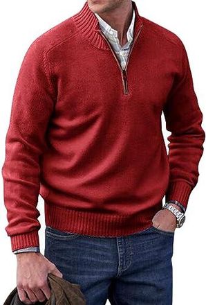 Minetom Homme Pull À Col Roulé avec Fermeture Eclair Manches Longues 1/4 Zip Col Montant Pullover en Tricoté dhiver Sweater B Rouge M