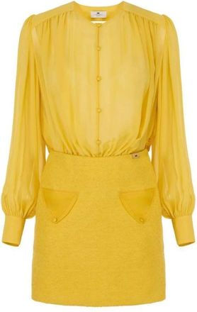 Elisabetta Franchi Femme, Robes, Jaune, Taille: 40 FR Robe en georgette et tweed boucl&eacute;