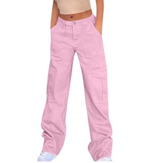 Generic Jean large pour femme en m&eacute;lange de coton - Pantalon cargo baggy de couleur unie - Pantalon de surv&ecirc;tement d&eacute;contract&eacute; et droit - Pantalon streetwear 